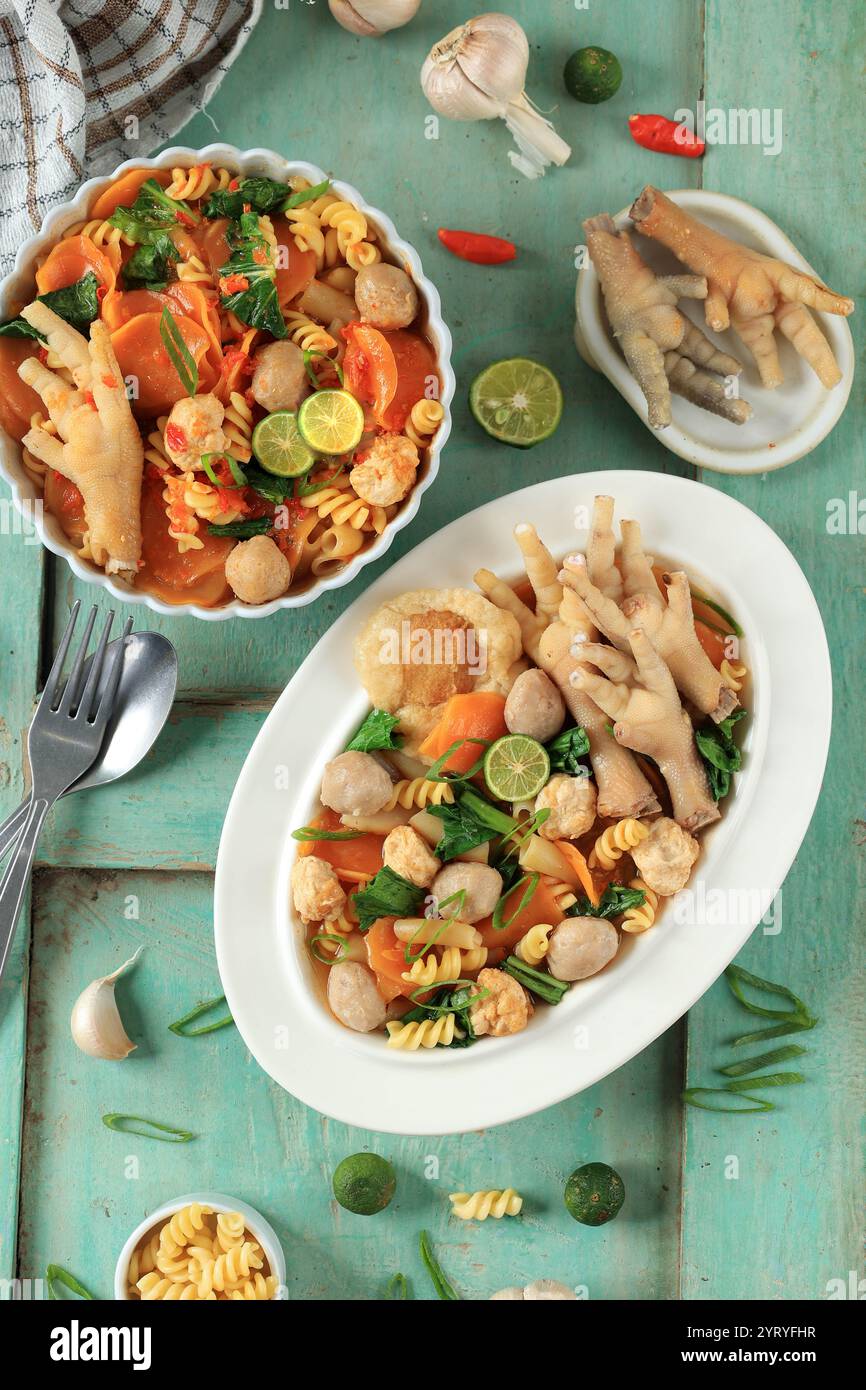 Top View Seblak Ceker Bandung, Spicy Soup with Crackers and Various ...