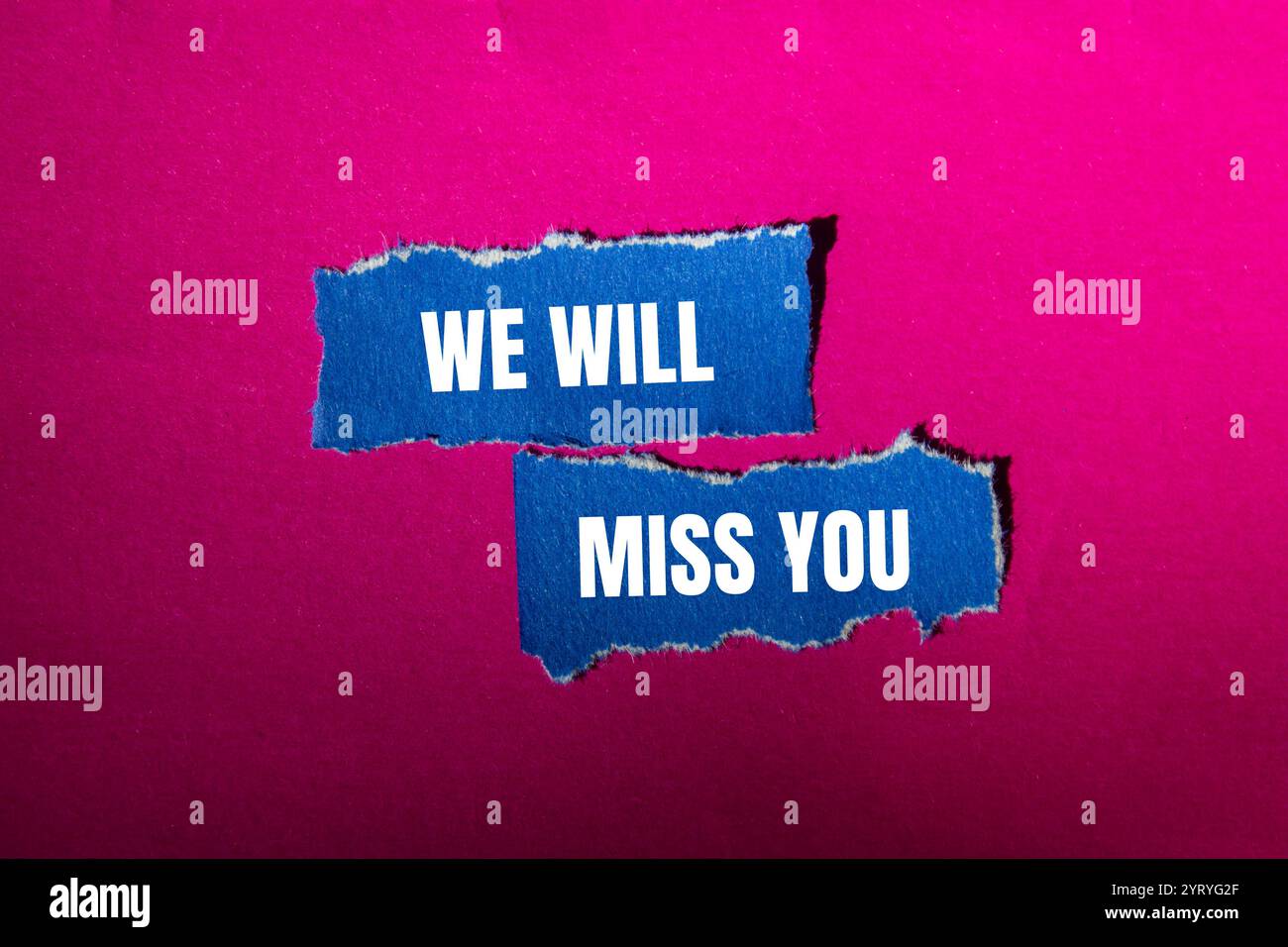 We will miss you message written on ripped torn blue paper pieces with pink background ...
