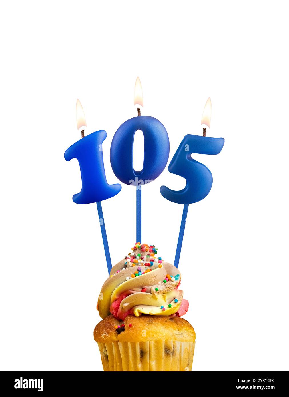 Blue number 105 candle - Birthday card on a white background Stock ...