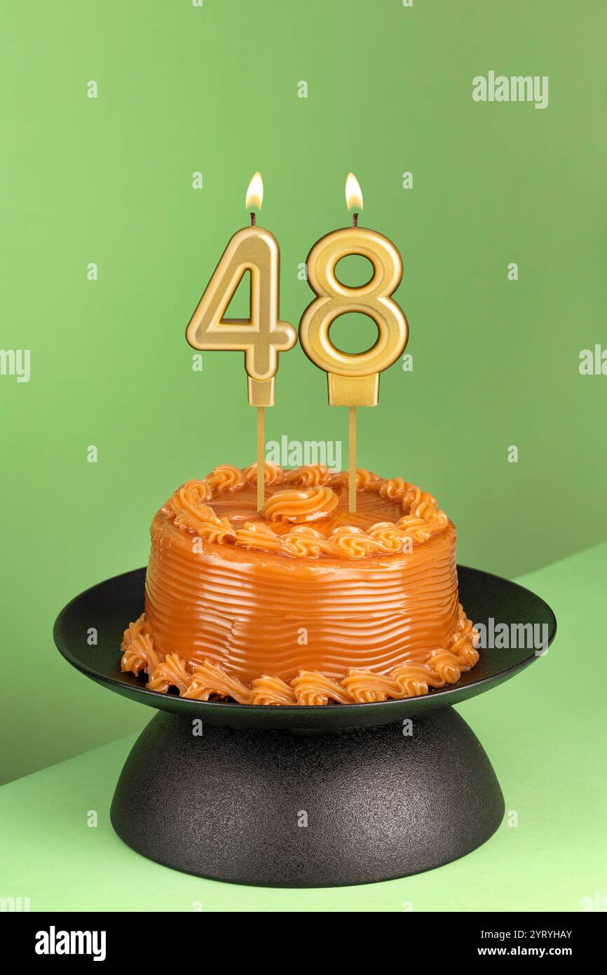 Delicious cake with dulce de leche - Number 48 birthday candle on a ...