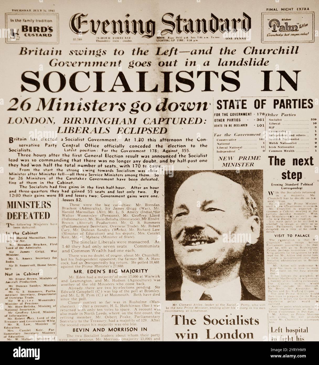 front page of the Evening Standard, as Clement Attlee's Labour Party ...