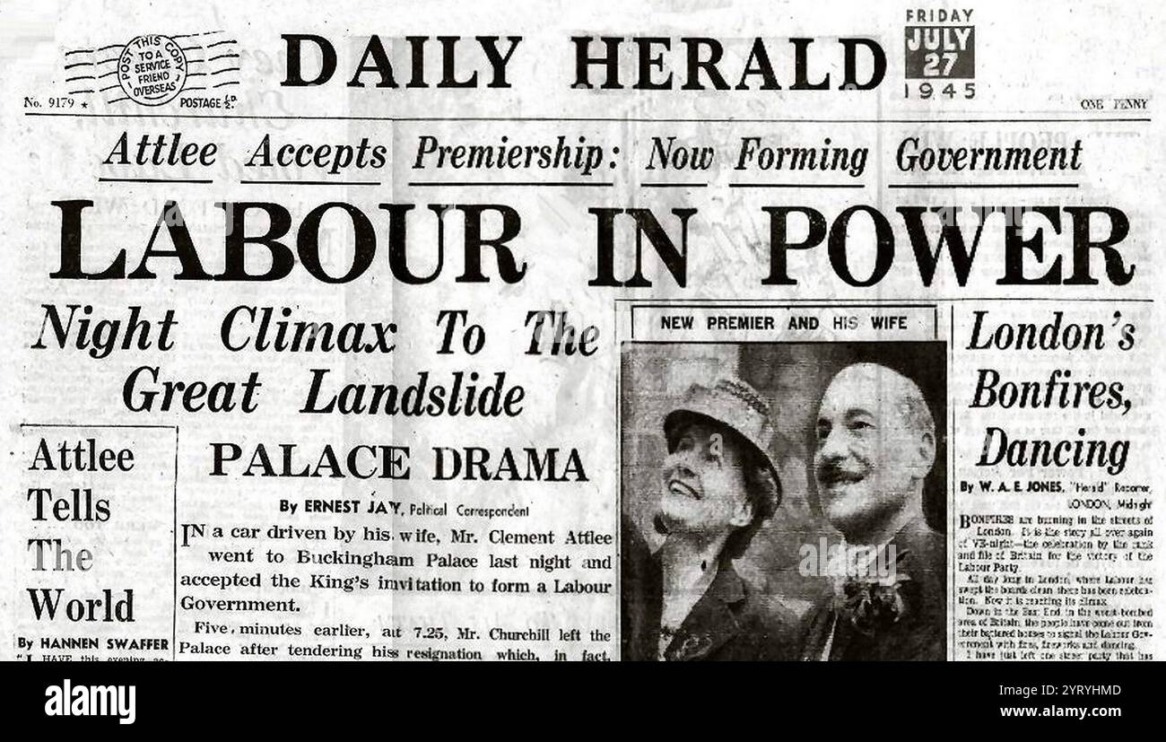 front page of the Daily herald, as Clement Attlee's Labour Party won by ...