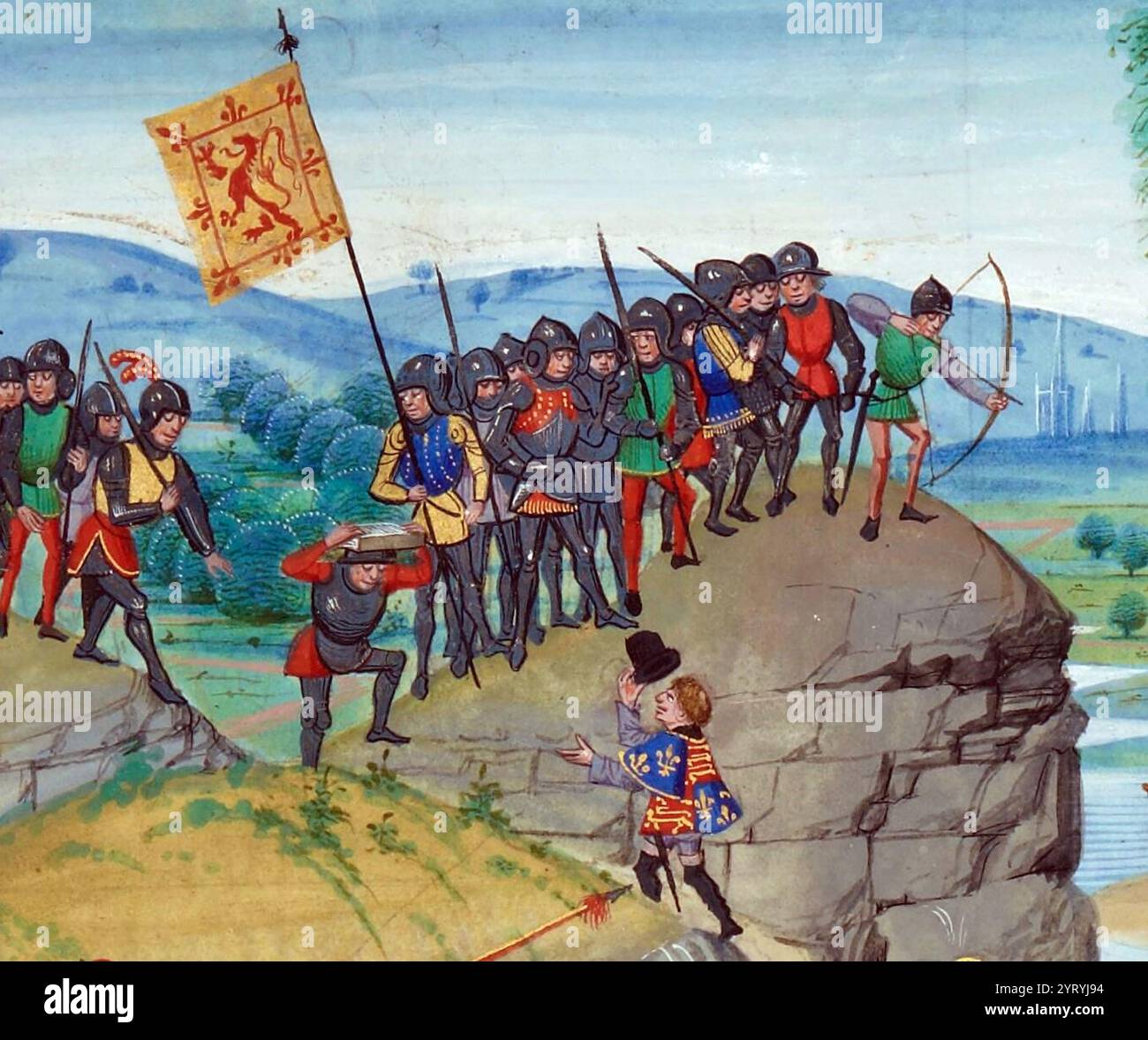 A 14th-century illustration showing an English herald approaching a ...