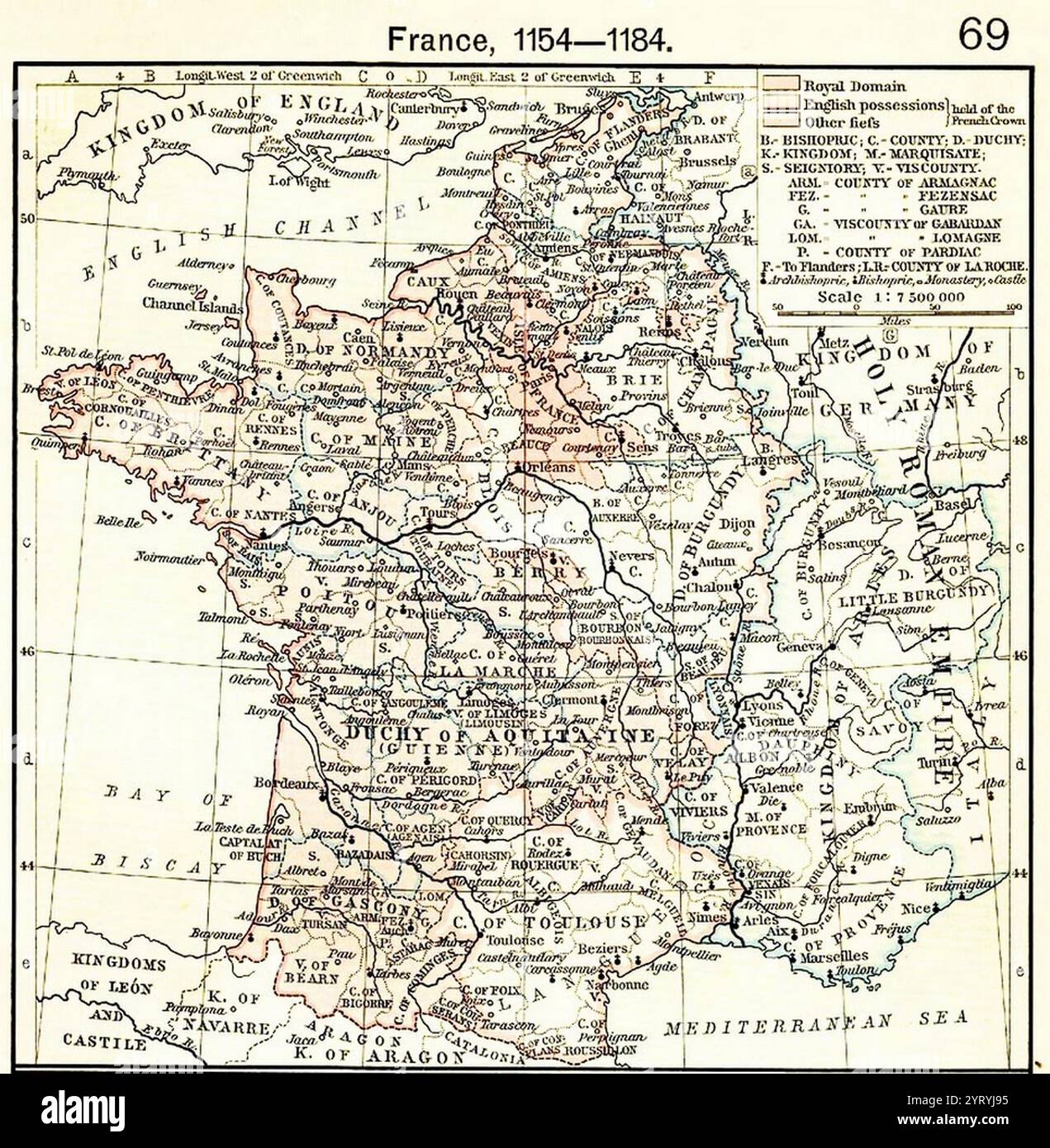 France, 1154-1184 Map showing Aquitaine and Angevin English territories ...