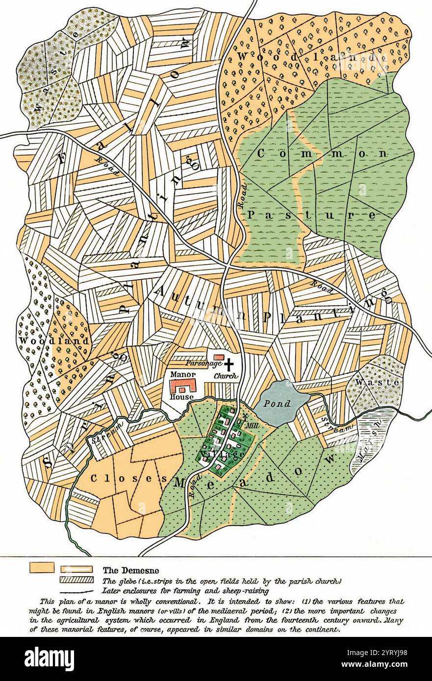 Plan of a mediaeval manor. The yellow area is the demesne land retained ...