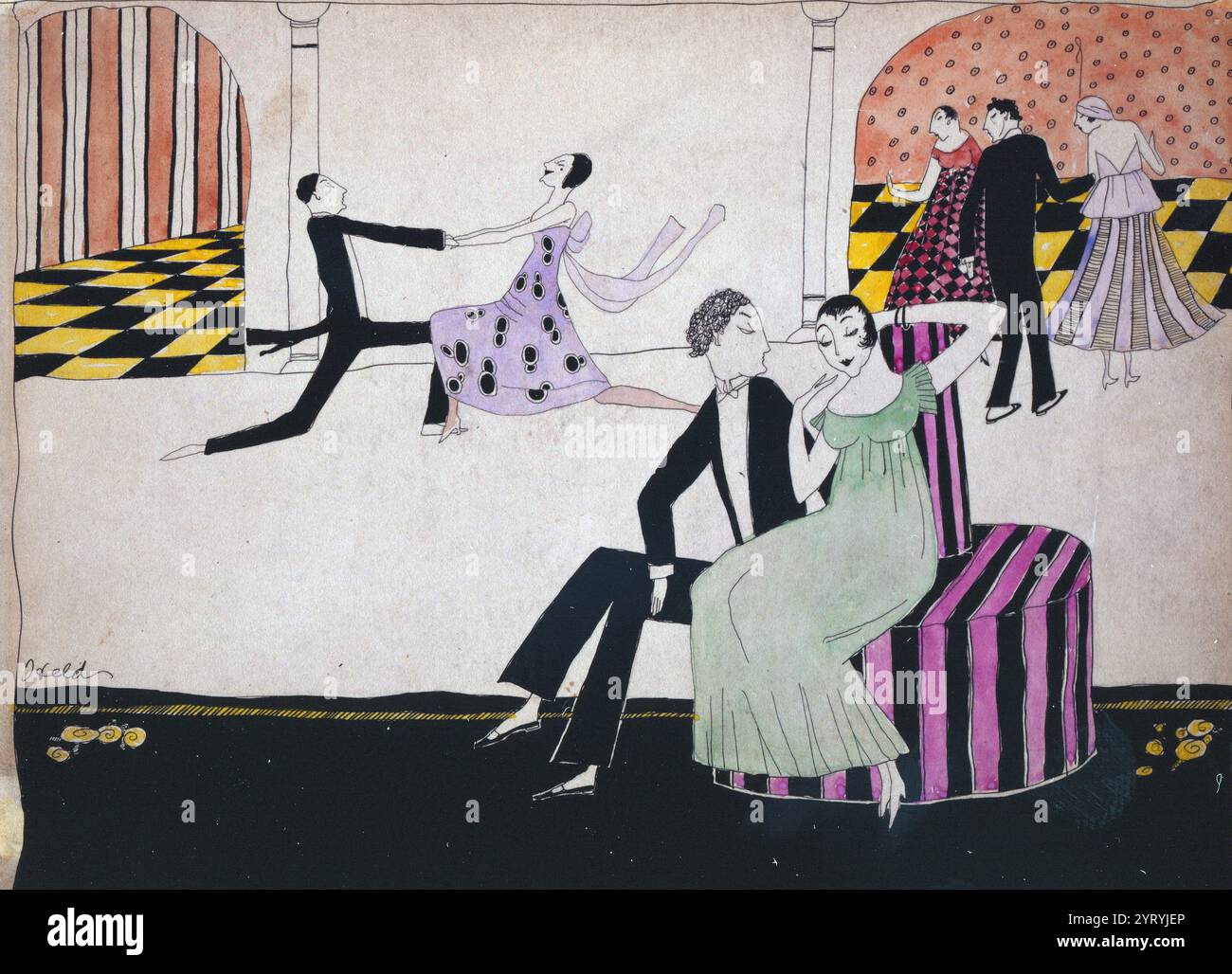 Cartoon shows a group of dancers dressed in evening attire. While one ...