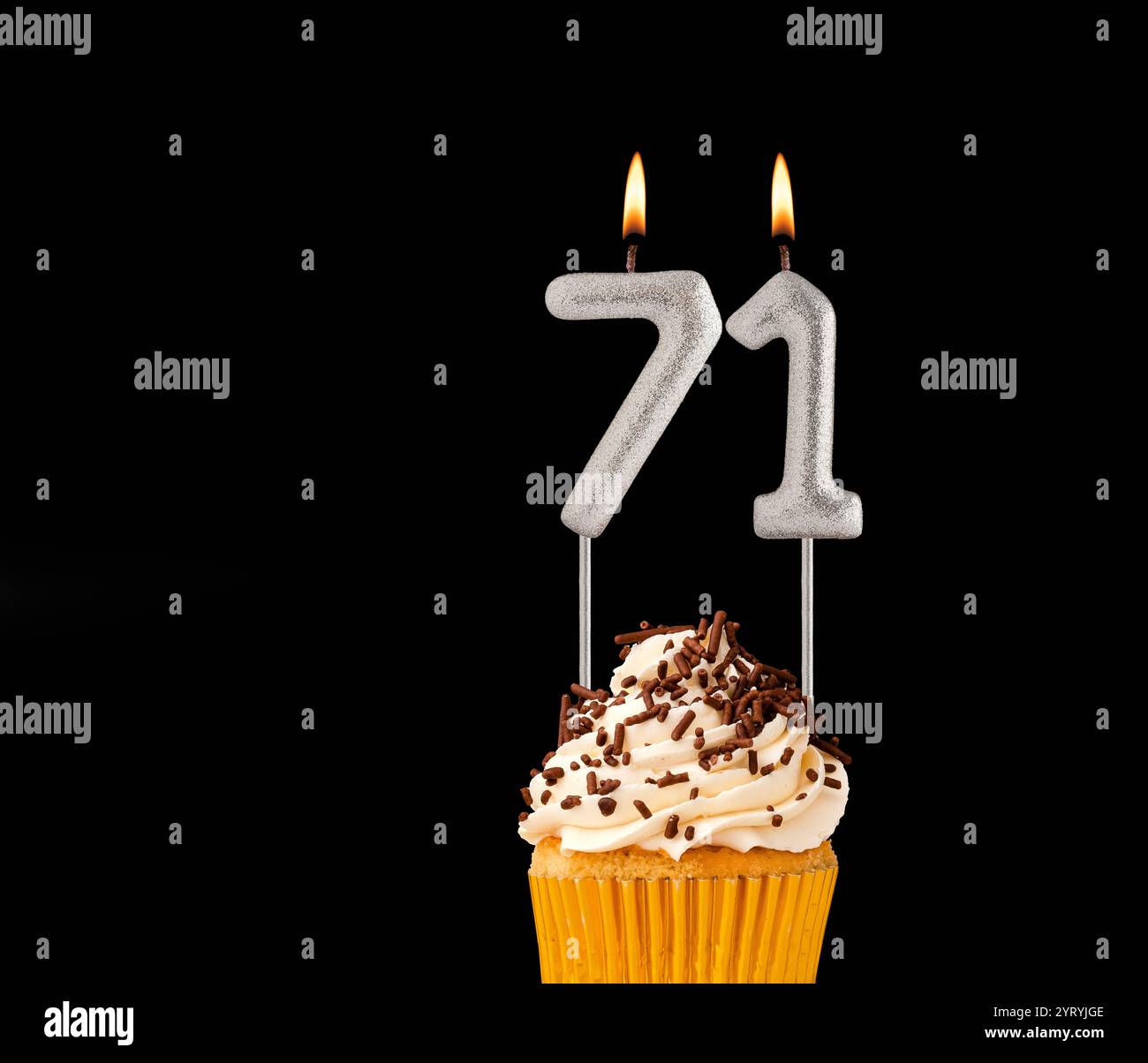 Birthday cupcake on black background - Number 71 shaped candles Stock ...