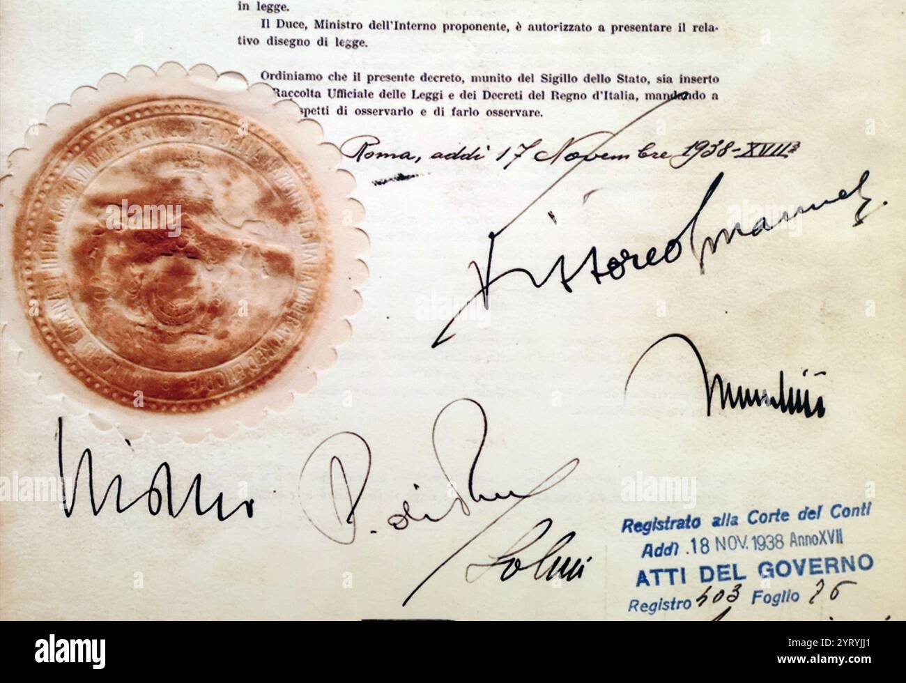 Italian Fascist Racial Laws 1938, signed by Vittorio Emanuele III ...