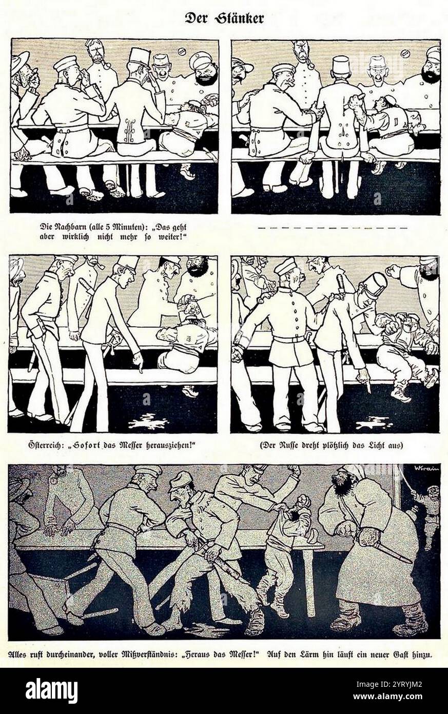Political cartoon titled "Der St?nker" ("The Troublemaker"), published ...