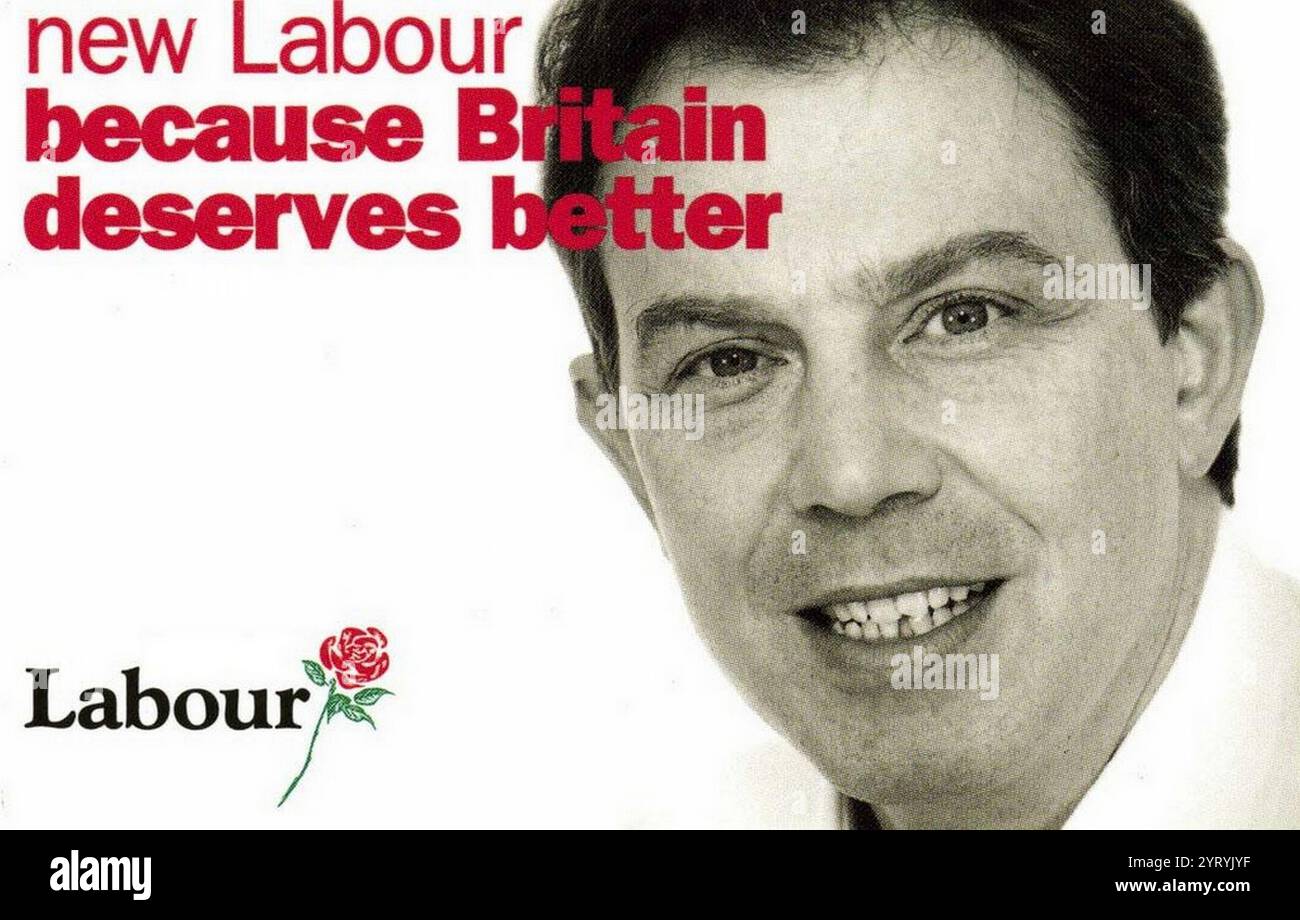 Tony Blair appears on a New Labour election poster. 1997 Stock Photo ...