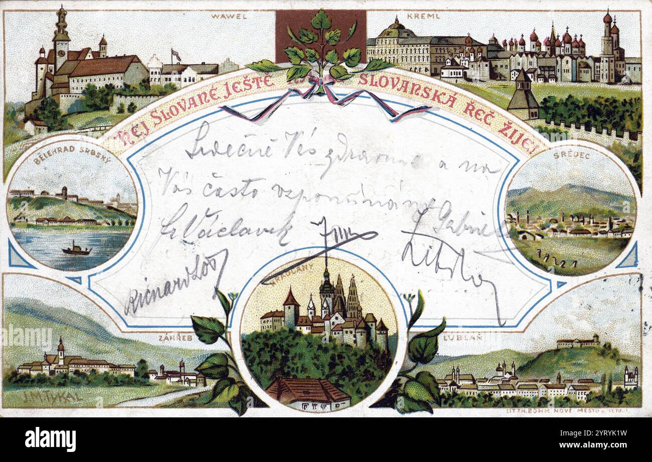 Czech Pan-Slavic postcard, depicting major cities of Slavic nations ...