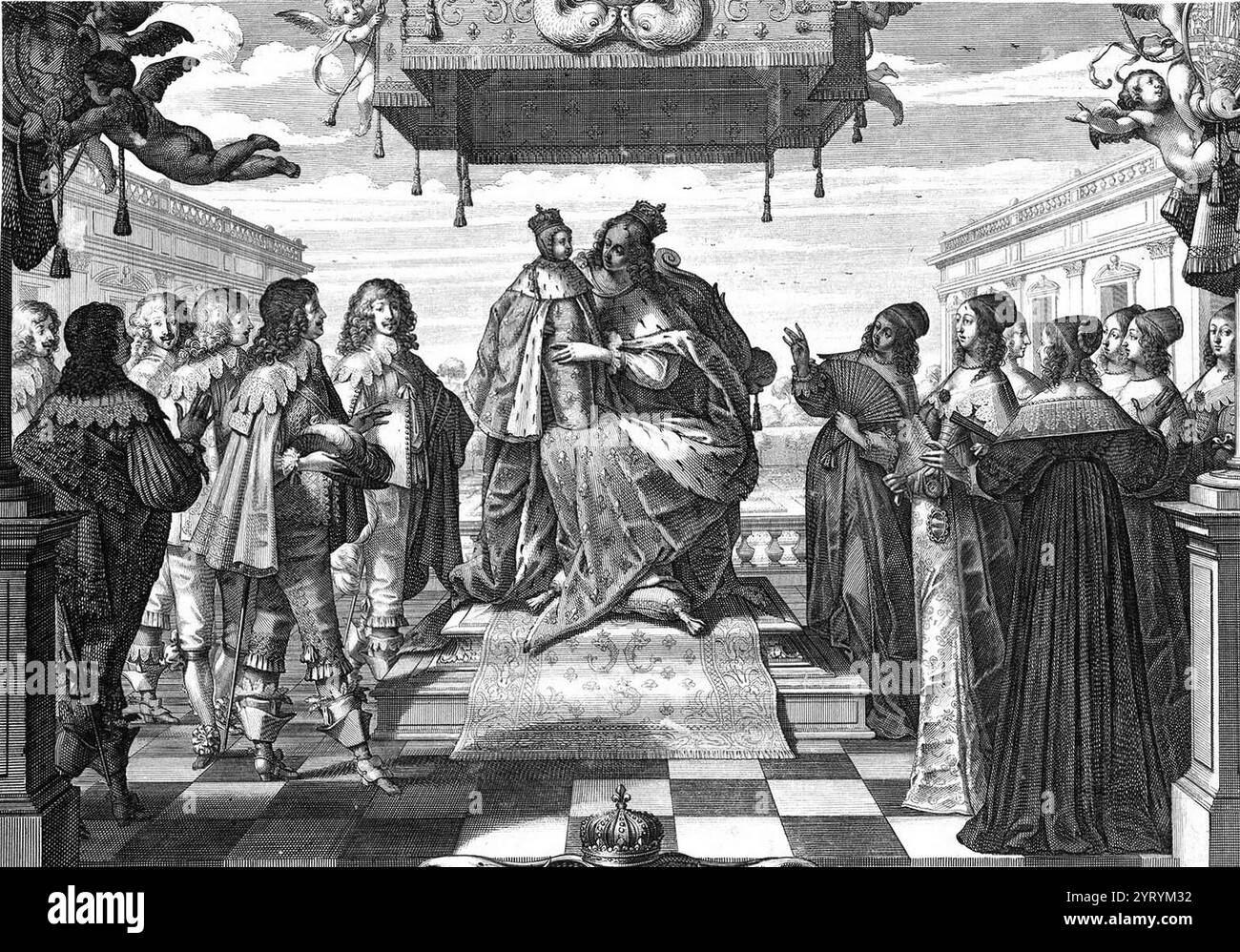 Allegory on the birth of Louis XIV. Queen Ann on the throne as Regent, with the infant Louis XIV ...