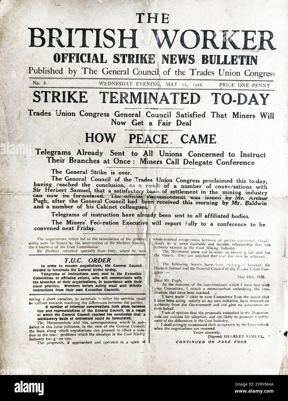 Newspaper article showing the end of the General Strike in the United ...