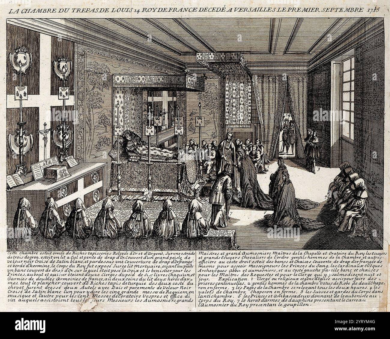 Engraving from 1715 representing the death of Louis XIV Stock Photo - Alamy