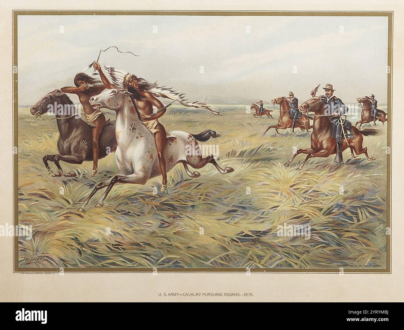 Lithograph showing U.S. Army-Cavalry Pursuing Indians-1876 Stock Photo ...