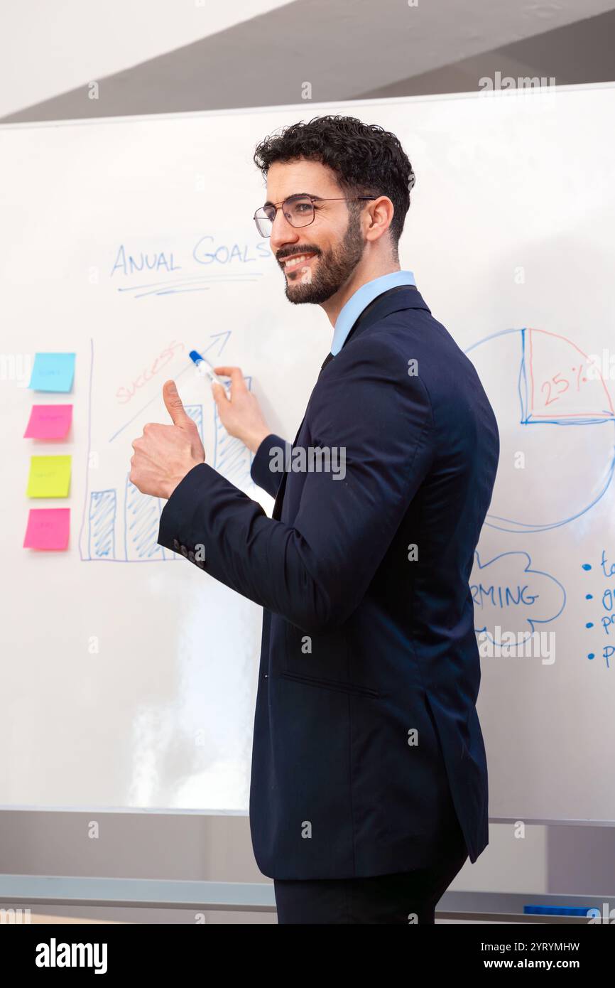 Confident Businessman Presenting Annual Goals on a Whiteboard.Vertical ...