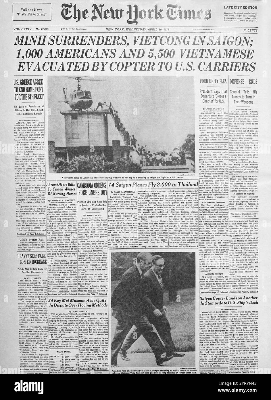 New York times front page reports the fall of Saigon to the North ...