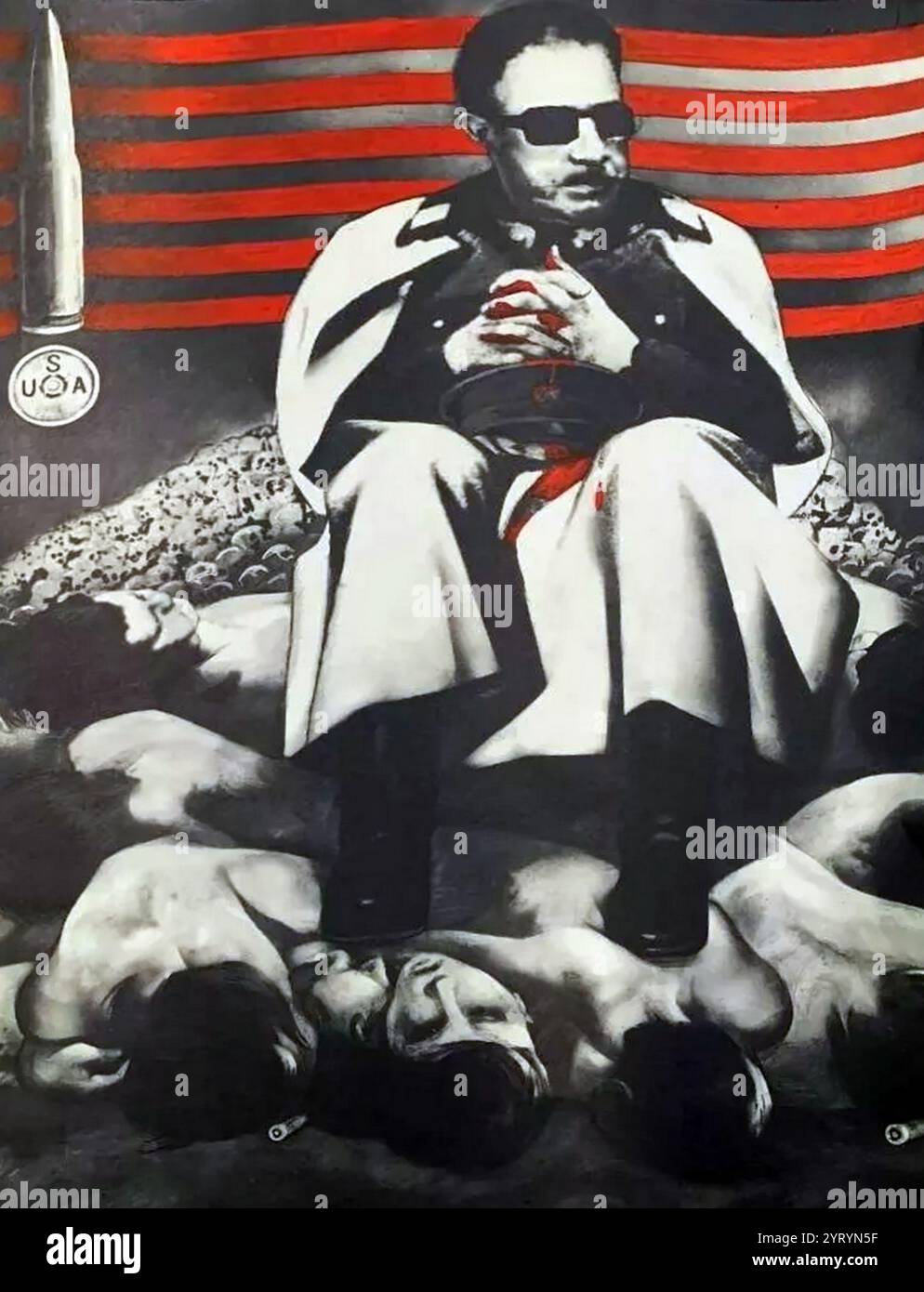 Soviet propaganda poster depicting General Pinochet over the bodies of ...