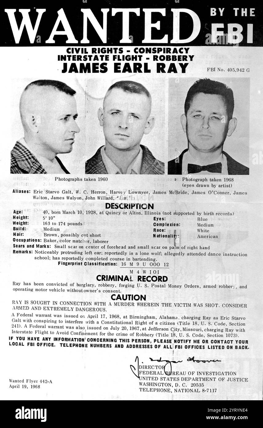 James Earl Ray is shown on an FBI poster, April 20, 1968. Ray is being ...