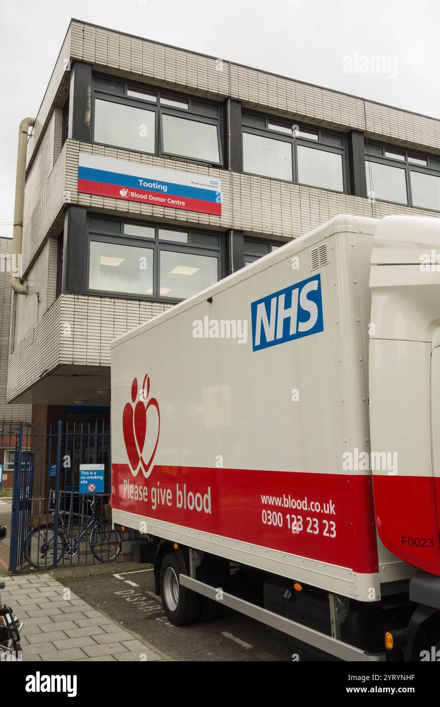 A NHS Please Give Blood mobile donation centre lorry parked outside St George's Hospital ...