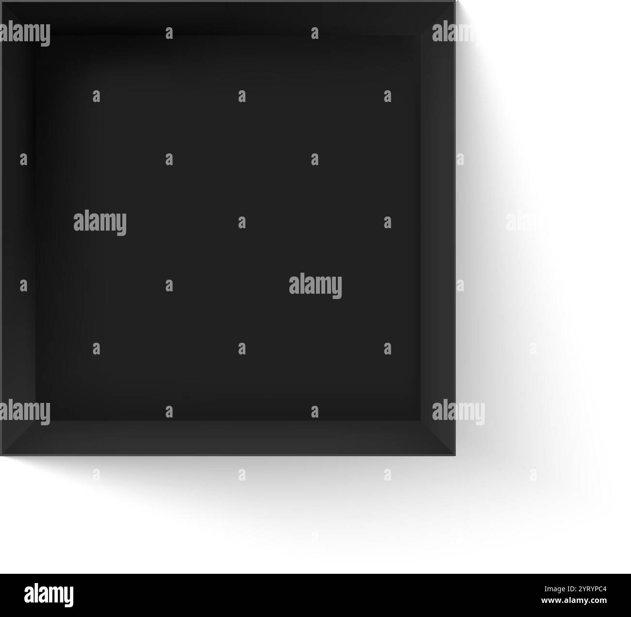 Open black square box mockup casting shadow on white background, empty ...