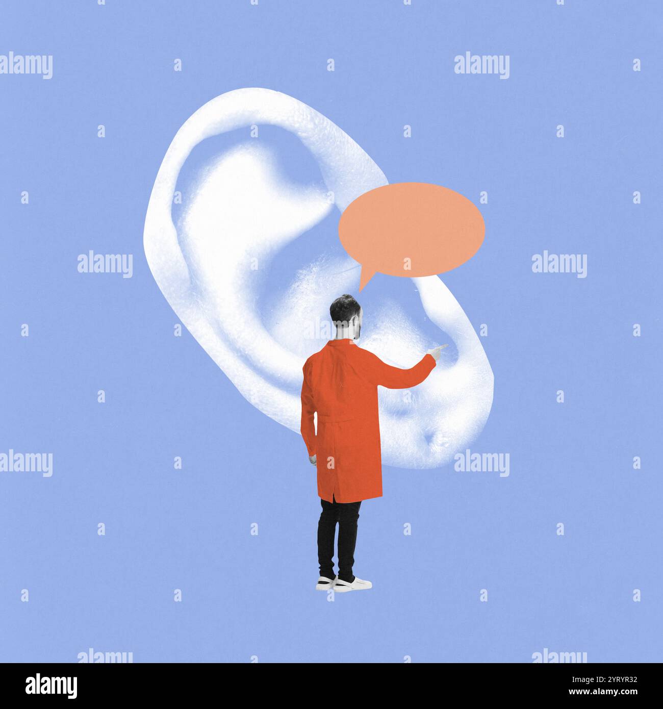 Contemporary art collage. Person in red coat interacts with large ear ...