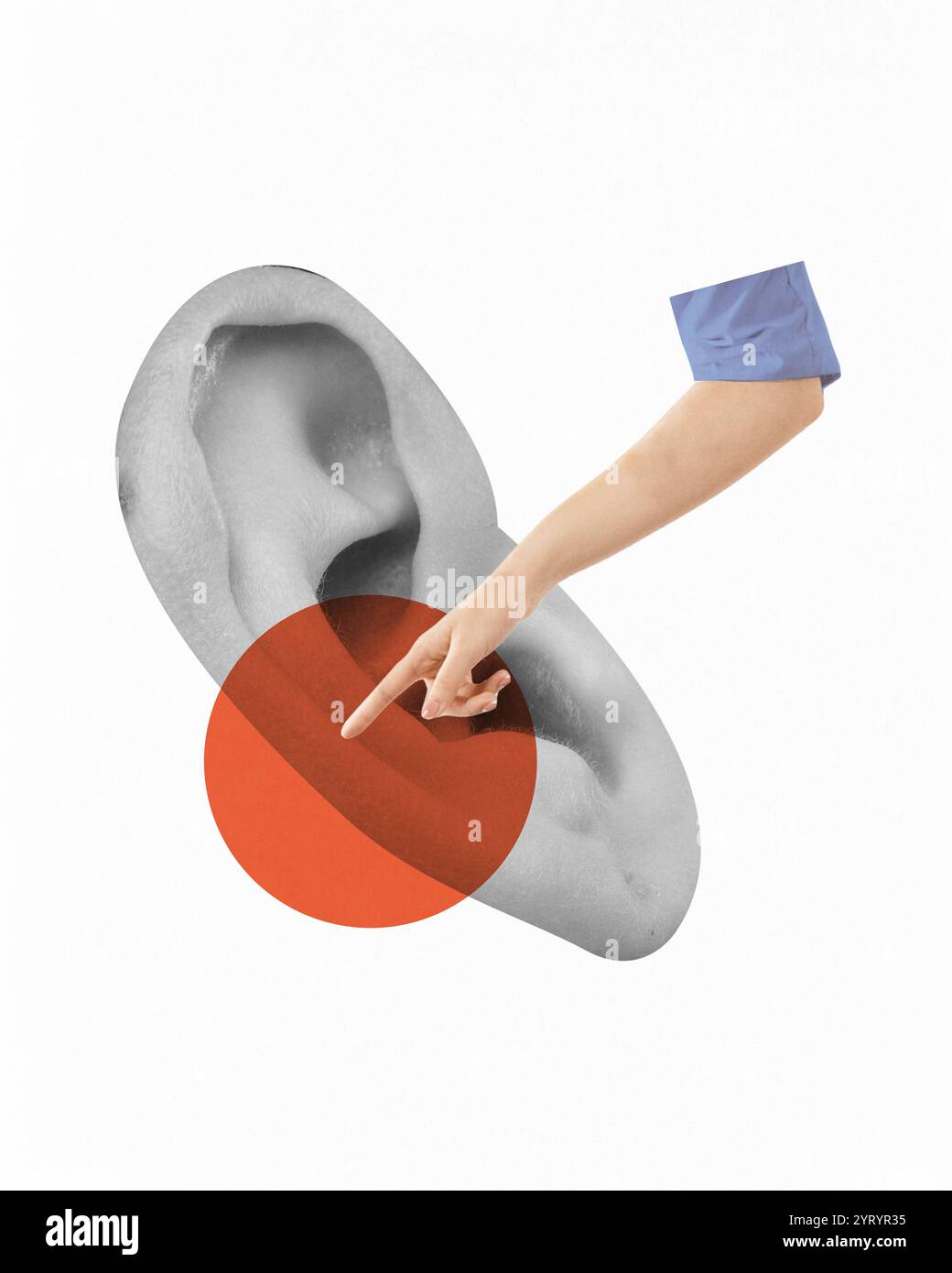 Contemporary art collage. Hand points to black-and-white ear ...