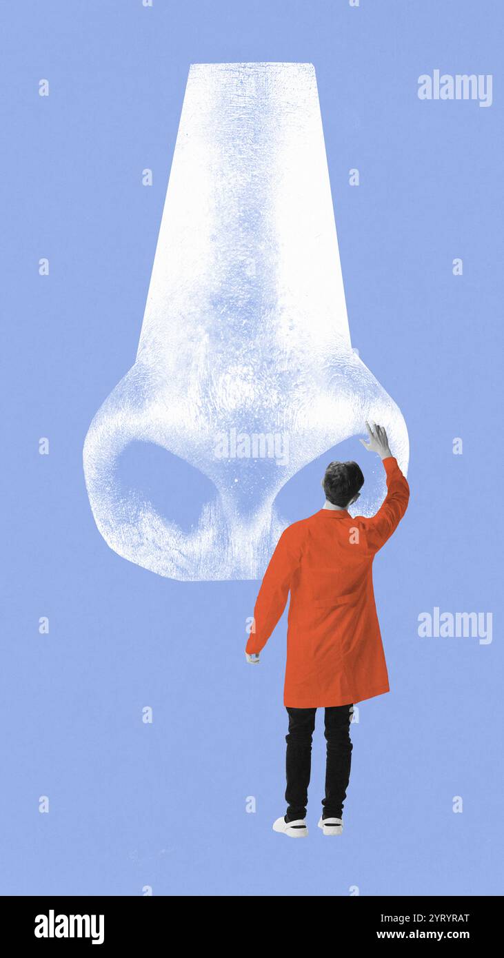Contemporary art collage. Figure in red coat studies massive nose on ...