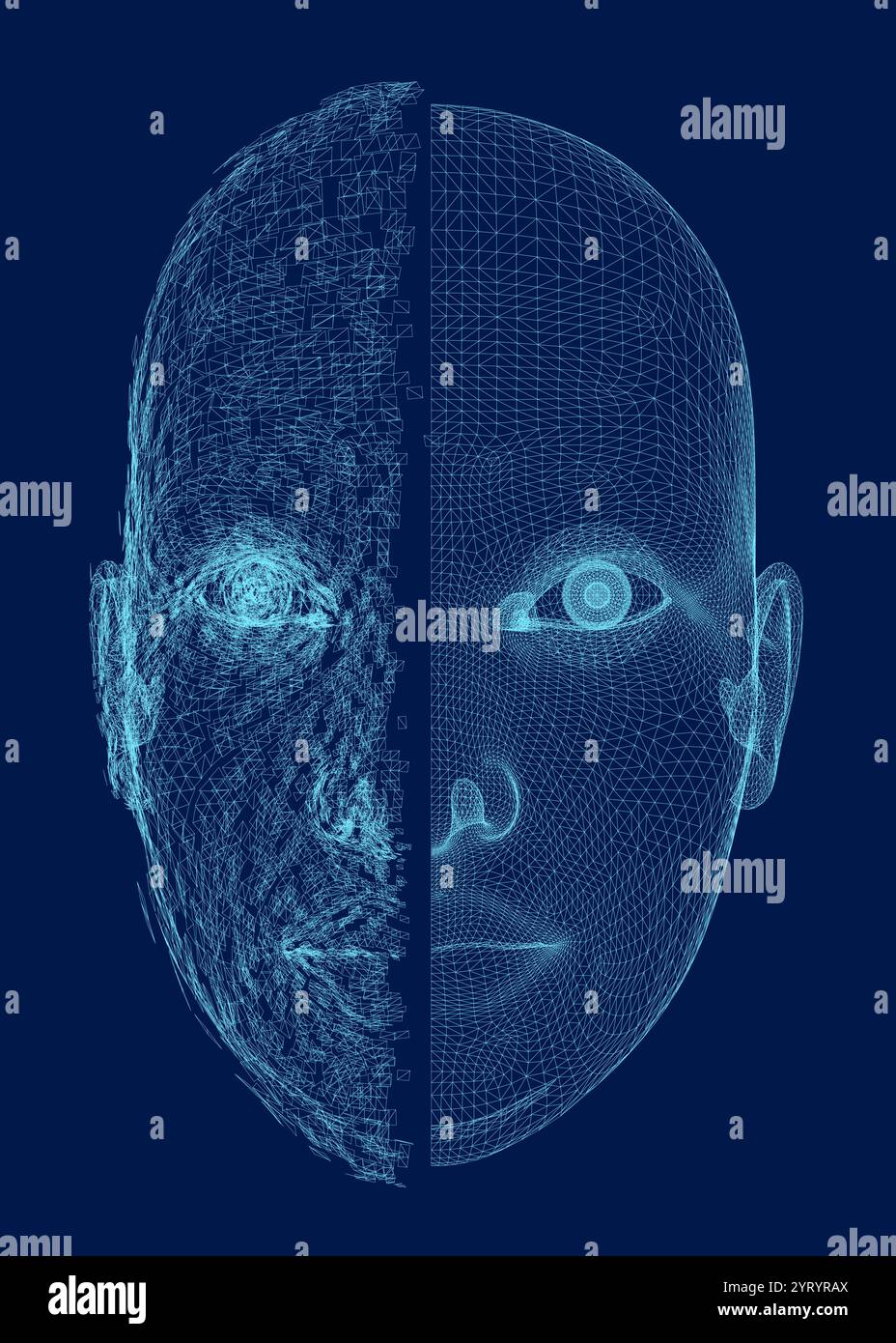 Artificial intelligence concept. Head of robot with half of female face ...