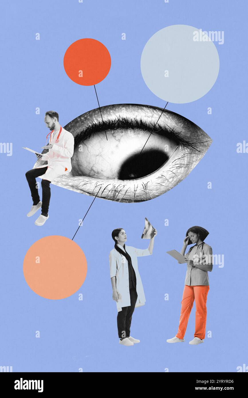 Contemporary art collage. Three medical professionals analyze large eye ...