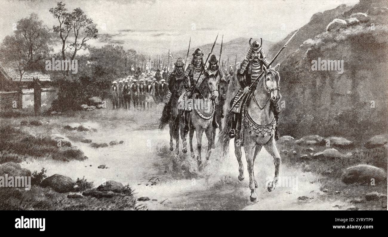 Hideyoshi's army advances for the conquest of China, Painted by J. Hill ...