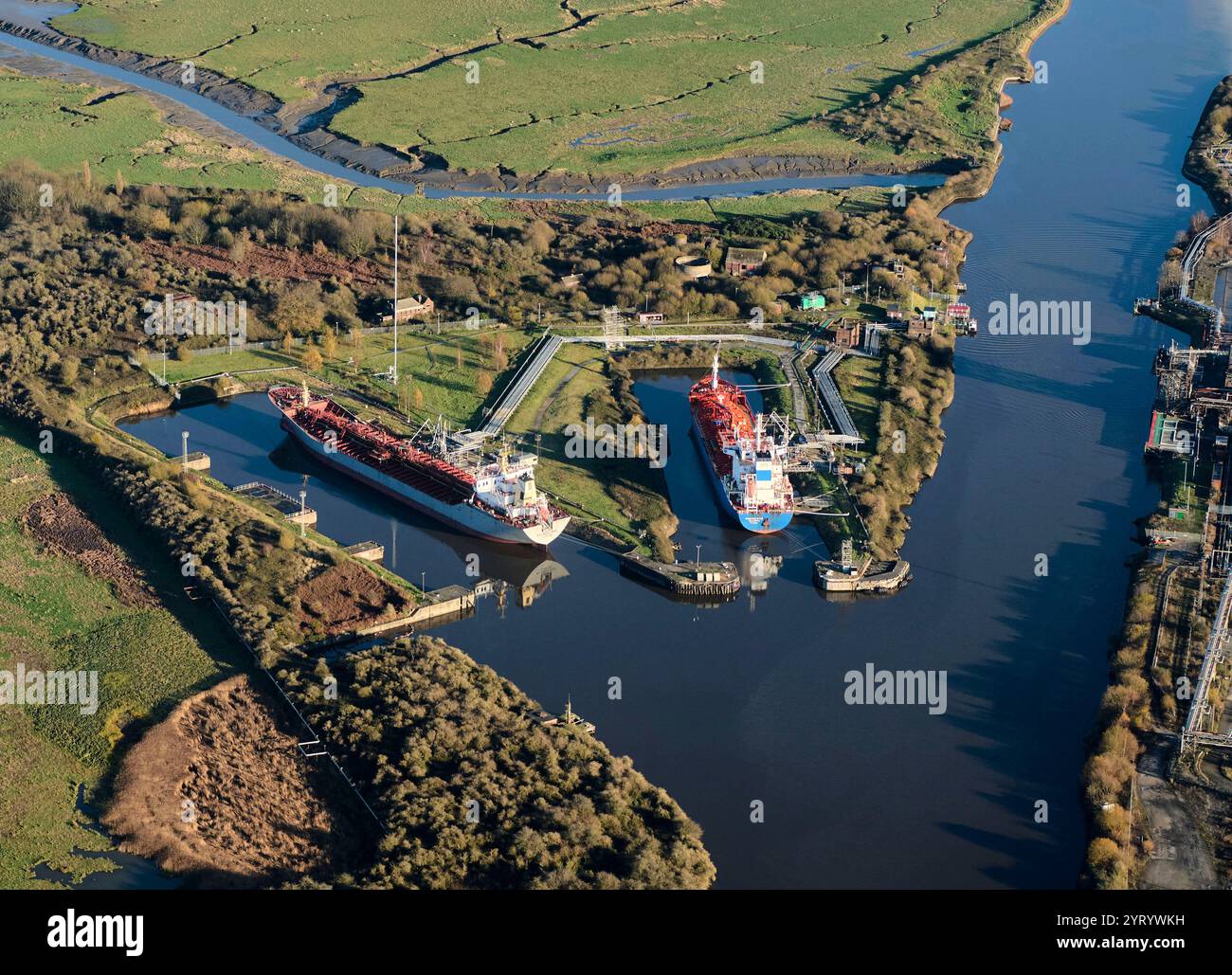 Drone shot of Ships unloading on the Manchester Ship Canal adjacent to ...