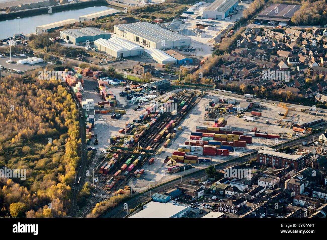 Drone shot of a Rail freight and Container Terminal at Speke, Liverpool ...