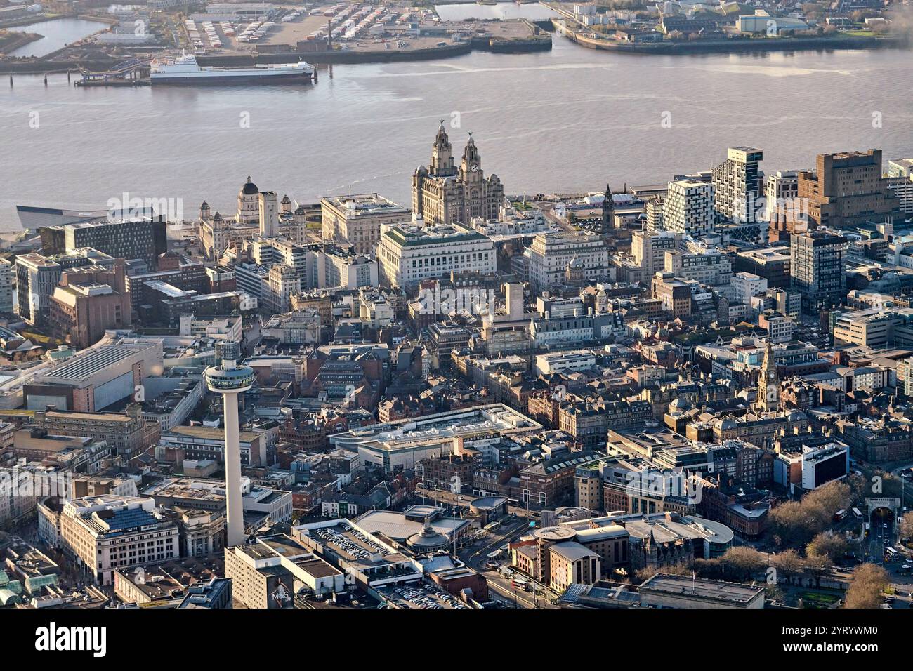 An aerial view of Liverpool city centre and waterfront, shot from the ...