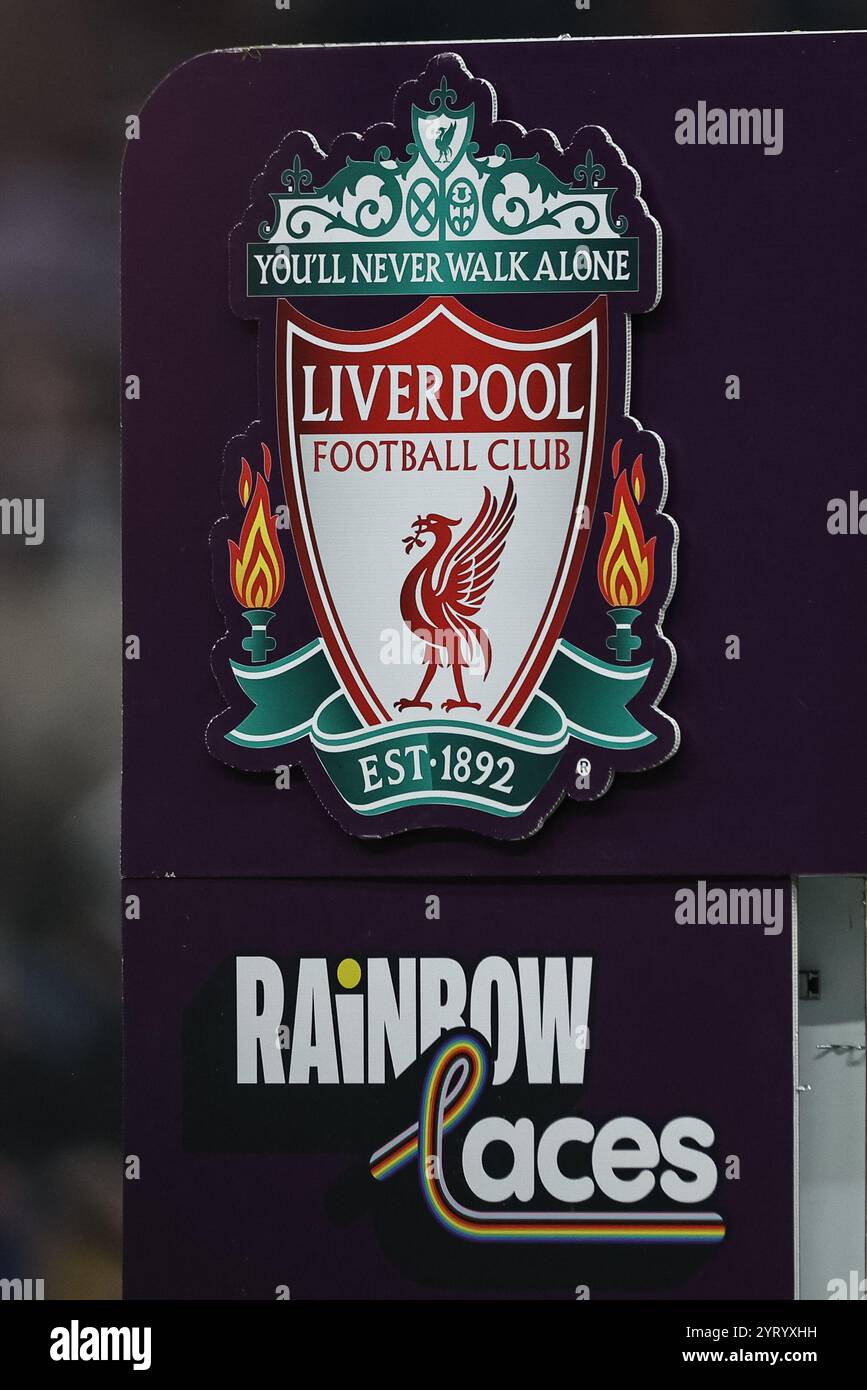 Liverpool badge with Rainbow Laces during the Premier League match ...