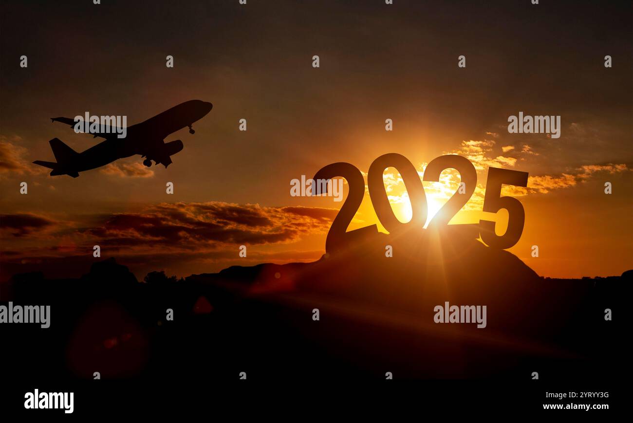 Silhouette of number 2025 on mountain, Happy New Year celebration shiny ...