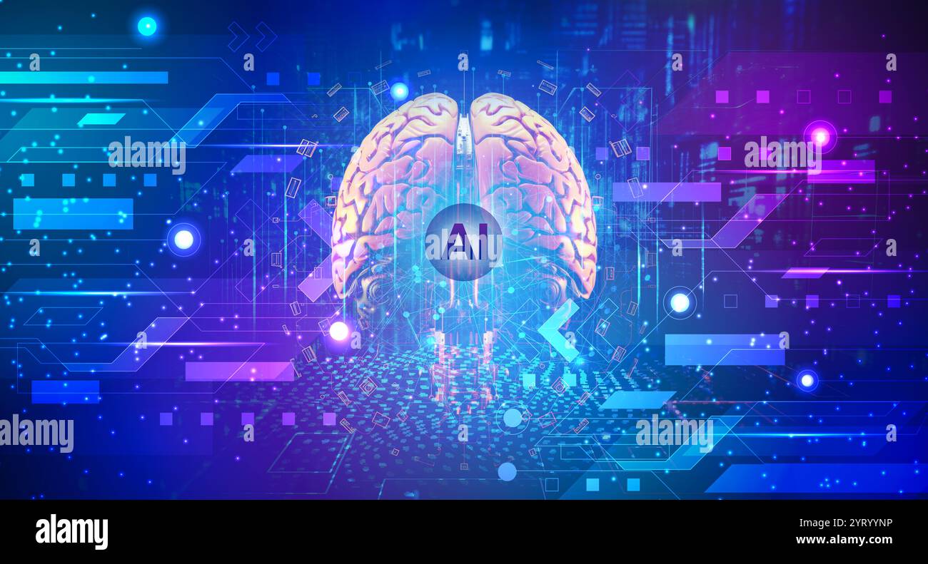 Digital brain with circuit and AI cocept. 3D Rendering.Artificial Intelligence illustration ...