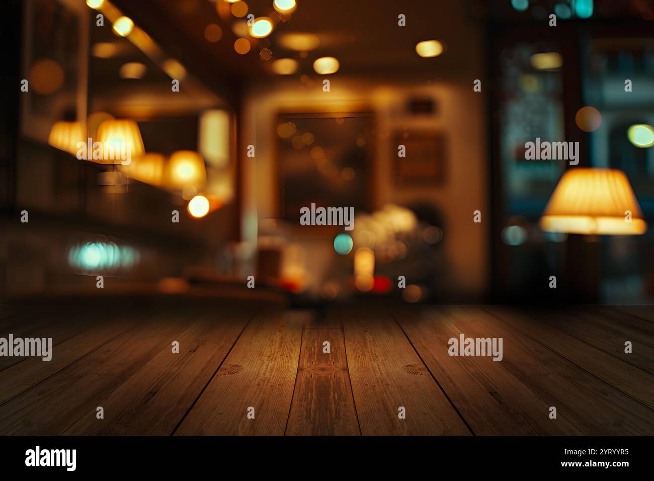 A close-up view of a rustic wooden tabletop with a blurred background ...