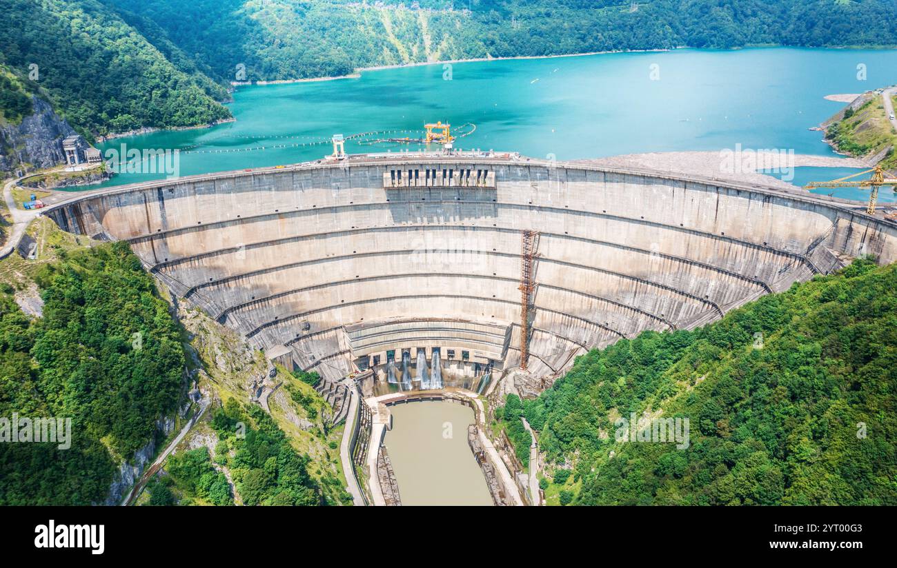 Aerial view of Enguri Dam, large hydroelectric dam with turquoise ...