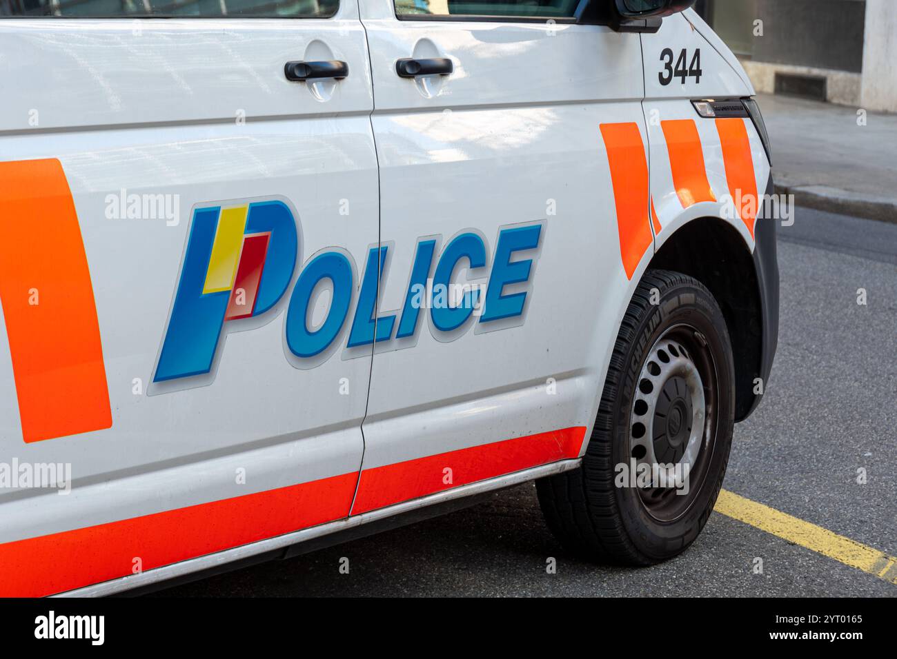 Close-up of a 'Police' marking on the side of a Geneva Cantonal Police ...