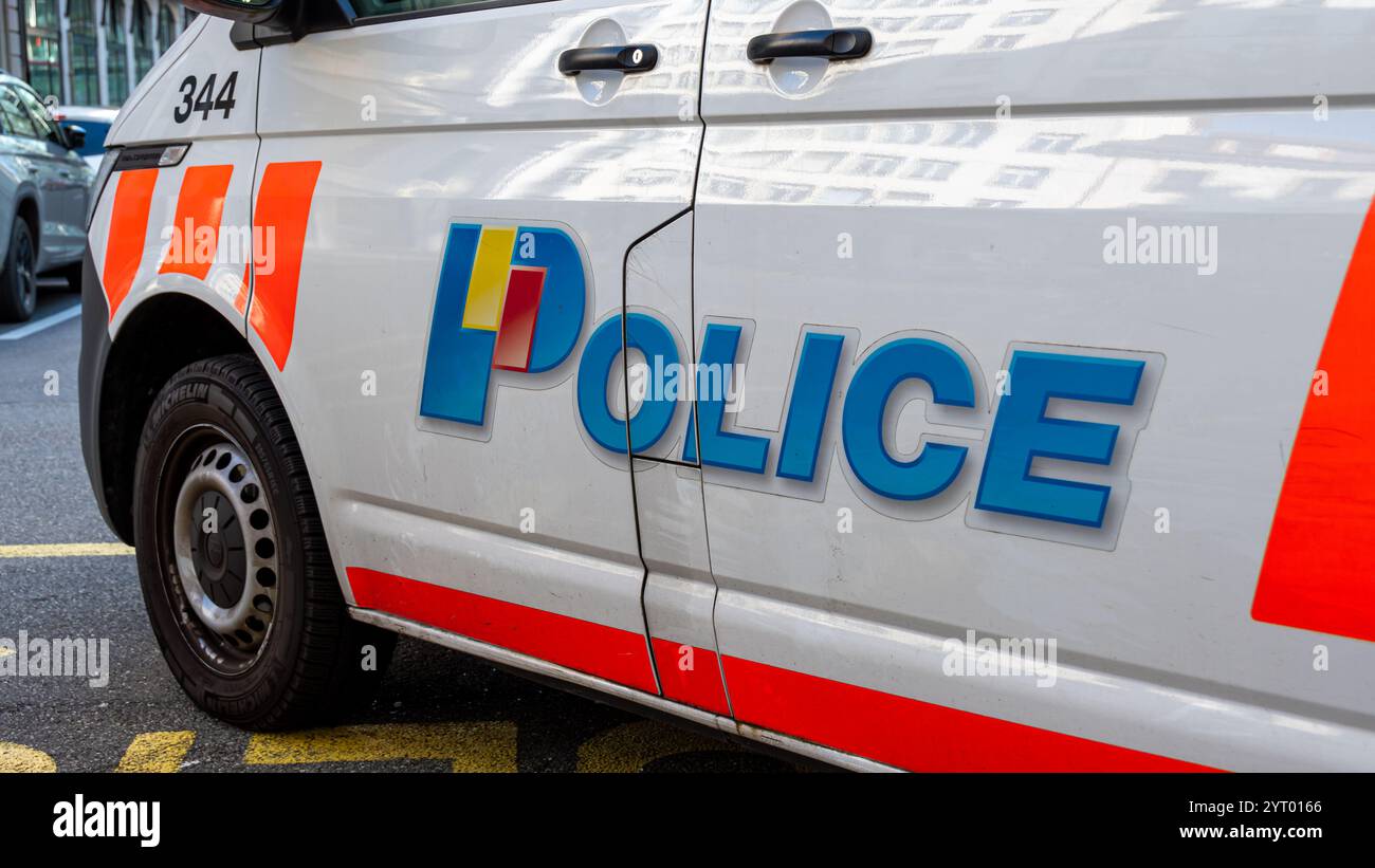 Close-up of a 'Police' marking on the side of a Geneva Cantonal Police ...