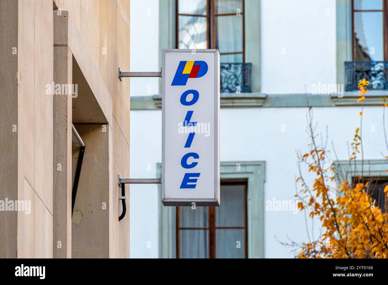 'Police' sign outside a Geneva cantonal police station, Geneva ...