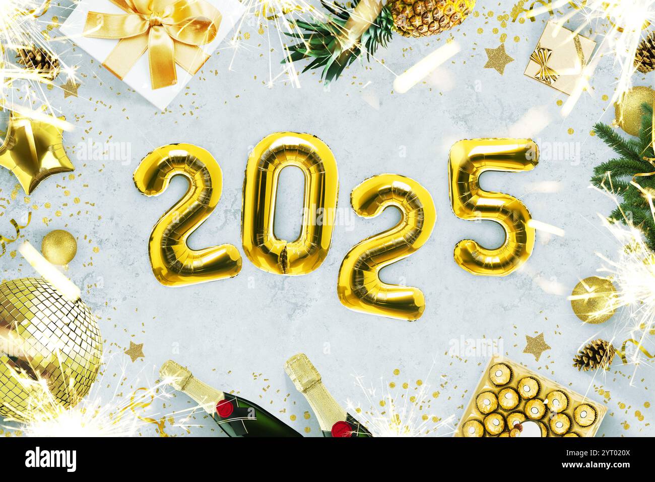 New Year 2025, creative idea. Golden balloons 2025 lie on a gray ...