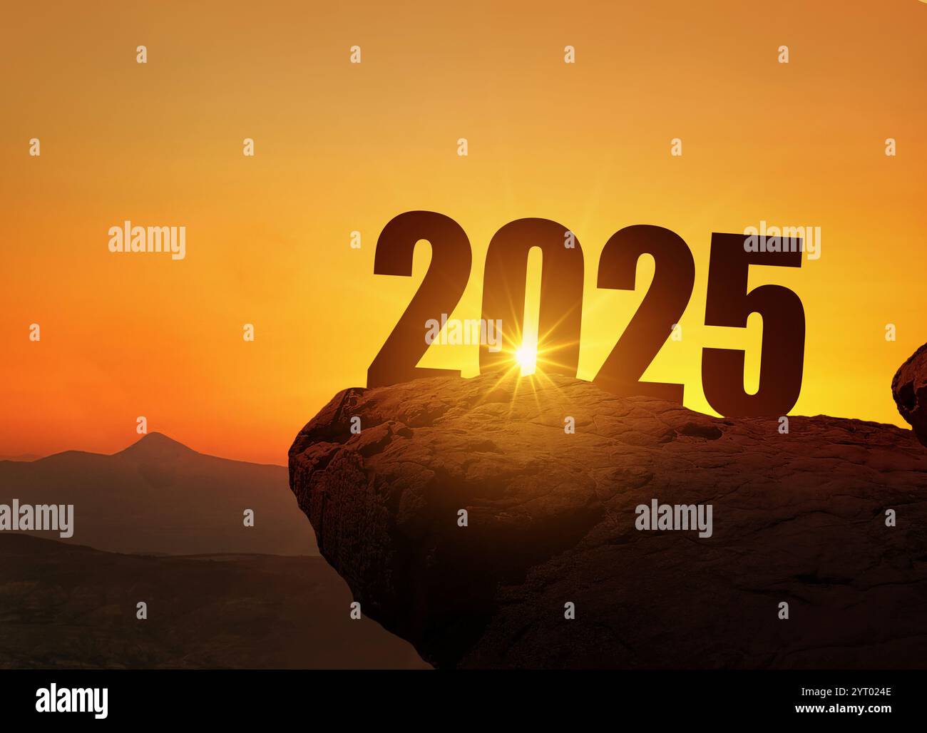 New Year 2025 at sunset. Silhouette 2025 stands on a mountain with sun ...