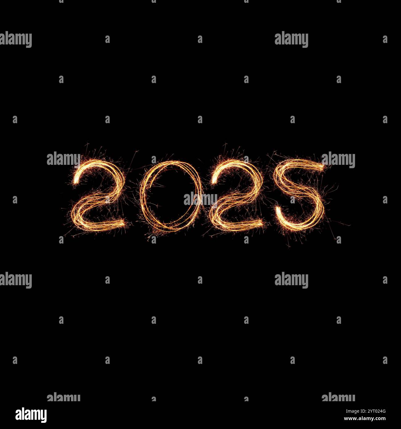 New Year 2025 light. Sparklers draw figures 2025. Bengal lights and ...