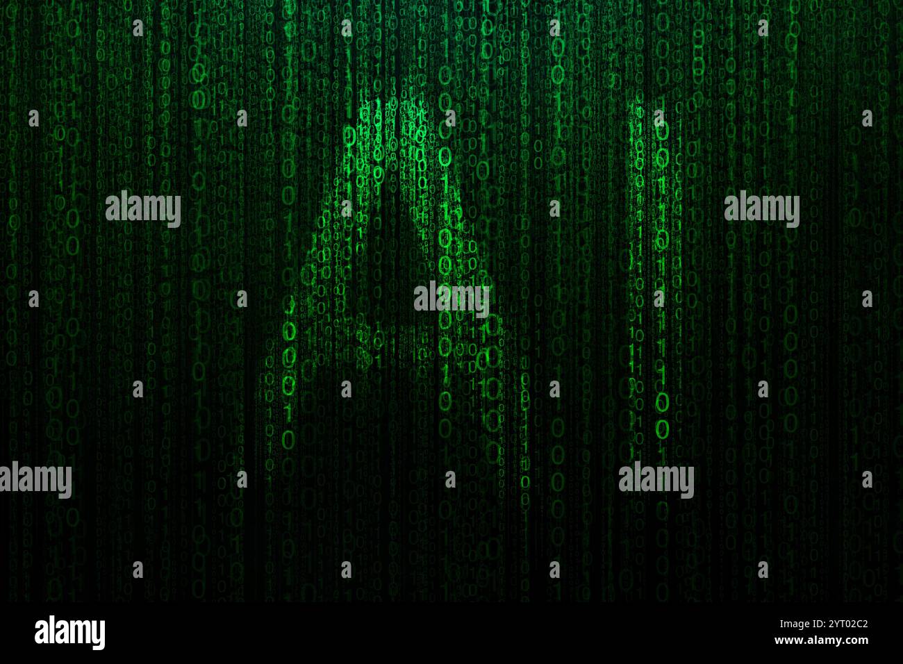 AI with flying binary green code, creative background. Programming and ...