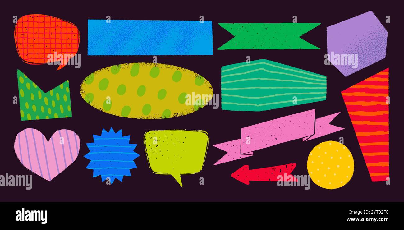 Simple shapes with various patterns in rough rustic style. Hand drawn ...