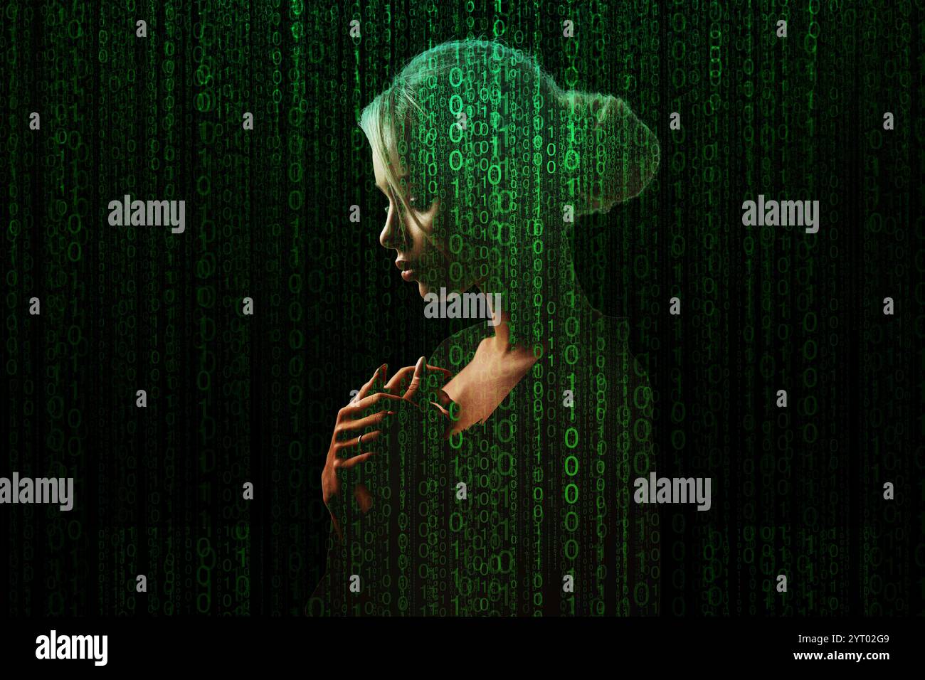 Human and artificial intelligence, creative idea. Green binary code and AI, concept. Cyber ...
