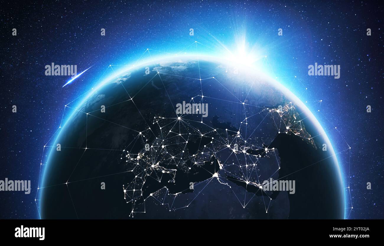 Night planet earth from space with light lines of communication and ...