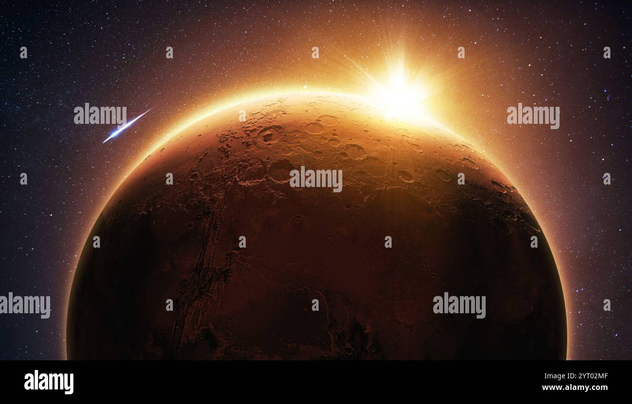 Amazing red planet Mars with craters and beautiful yellow sunset in space with stars. New planet ...